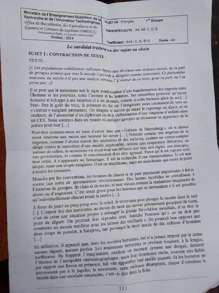 Sujet Bac 2024 Francais Serie A4-A8-C-D-E | PDF