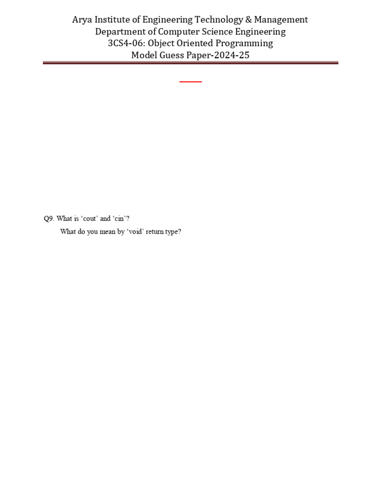 OOPS Model Guess Paper-2024-25 | PDF | C++ | Inheritance (Object Oriented Programming)