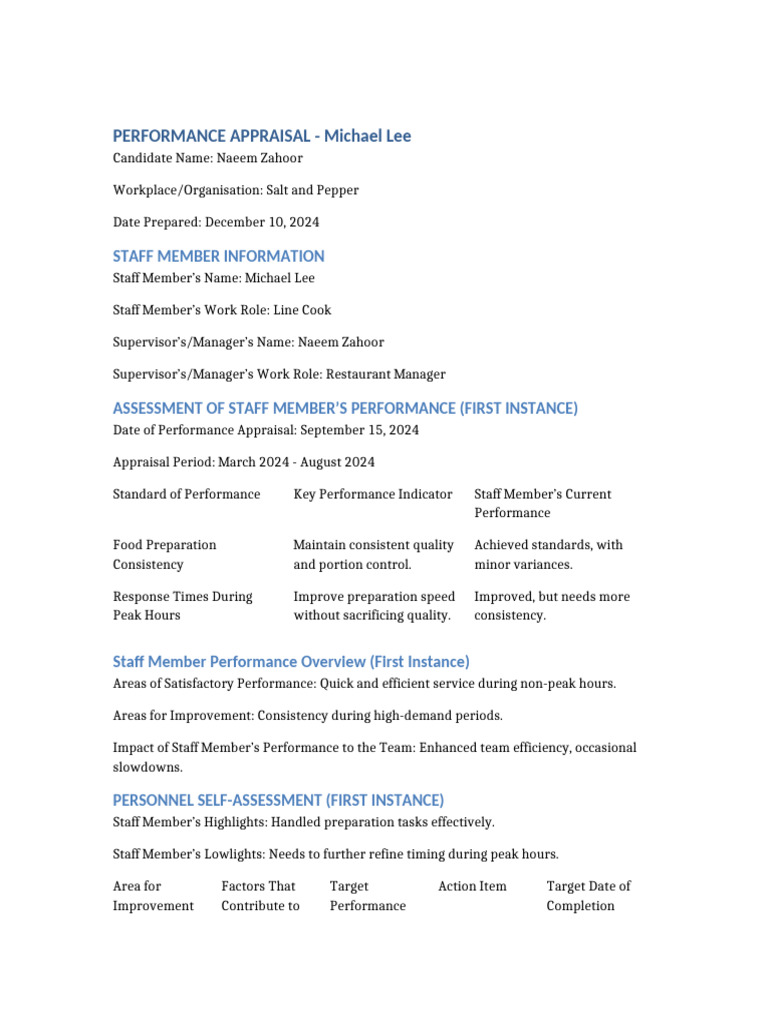 Line Cook Performance Review 2024 | PDF | Performance Appraisal | Business