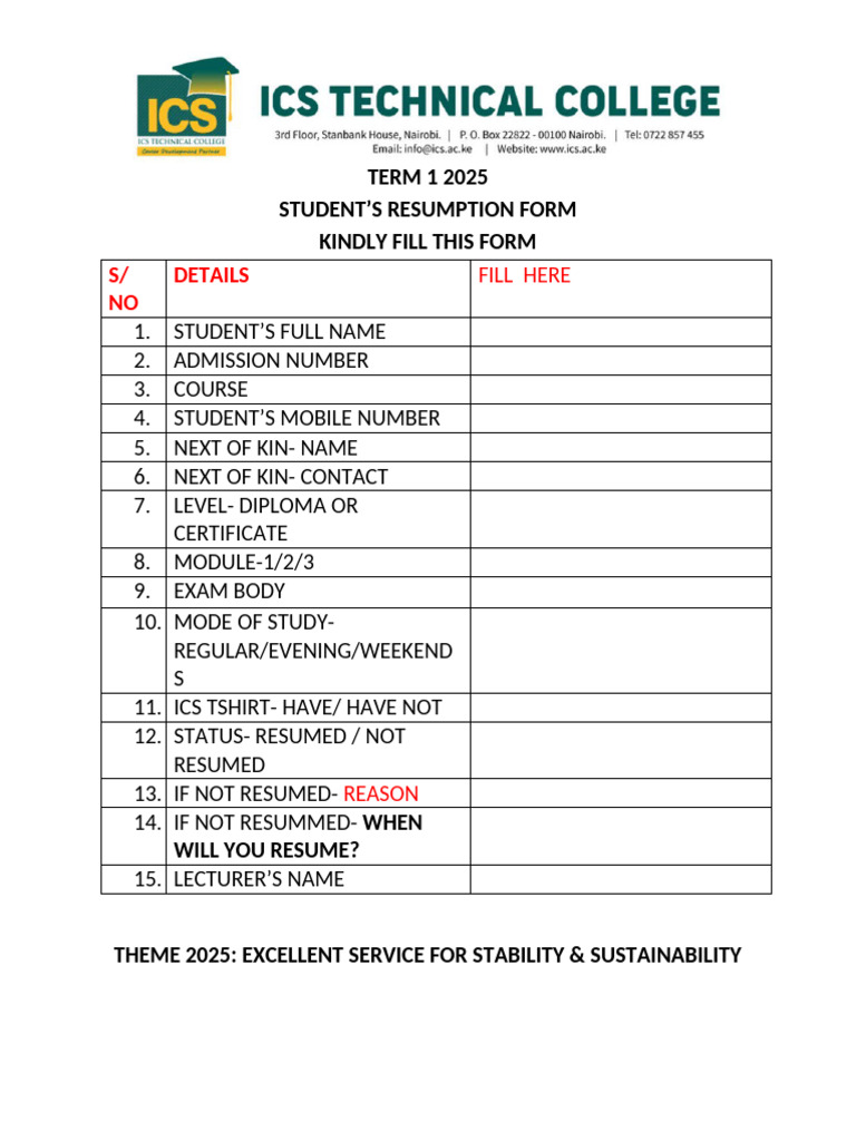 TERM 1 2025 STUDENT'S RESUMPTION FORM -A | PDF