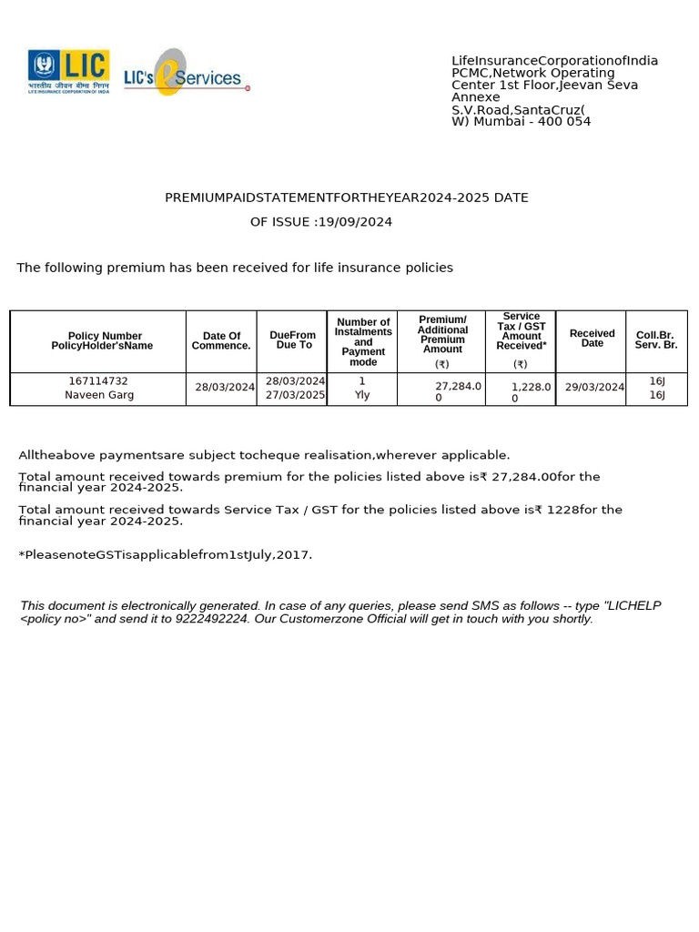 LIC Premium Statement 2024-2025 | PDF