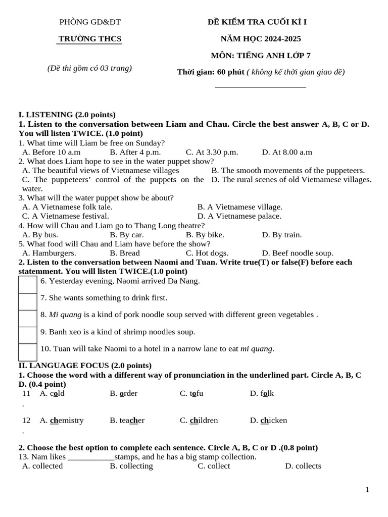 ĐỀ VÀ KEY CK I ANH 7 | PDF | Cuisine | Foods