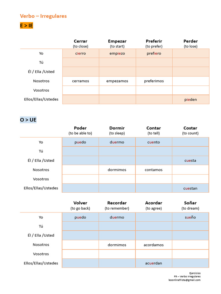 Ejercicios - Verbo Irregulares | PDF