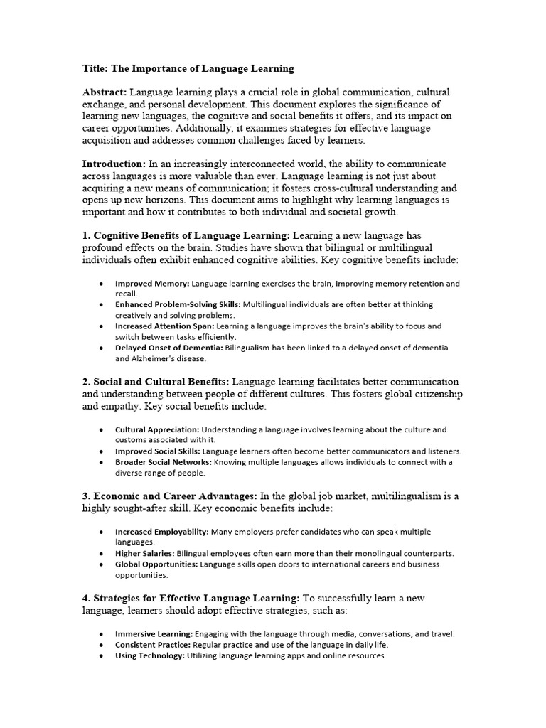 The Importance of Language Learning | PDF | Multilingualism | Learning