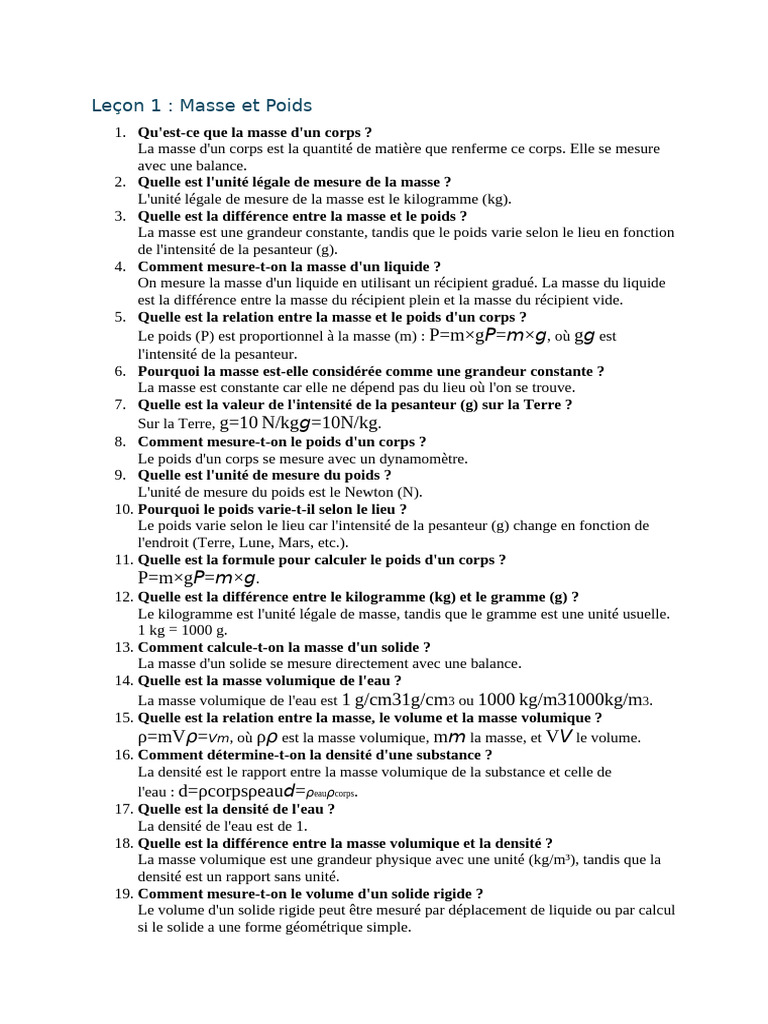 Révision Finale Questions Réponses PC 3ème | PDF | Poids | Obliger