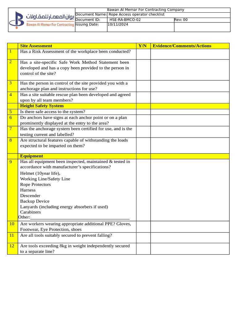 Rope-Access-Operator-Checklist | PDF | Safety | Occupational Safety And ... Rope-Access-Operator-Checklist | PDF | Safety | Occupational Safety And ...