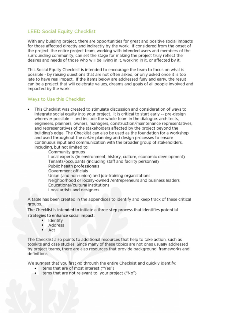 23 01 23 - Updated LEED Social Equity Checklist | PDF | Corporate Social Responsibility ...