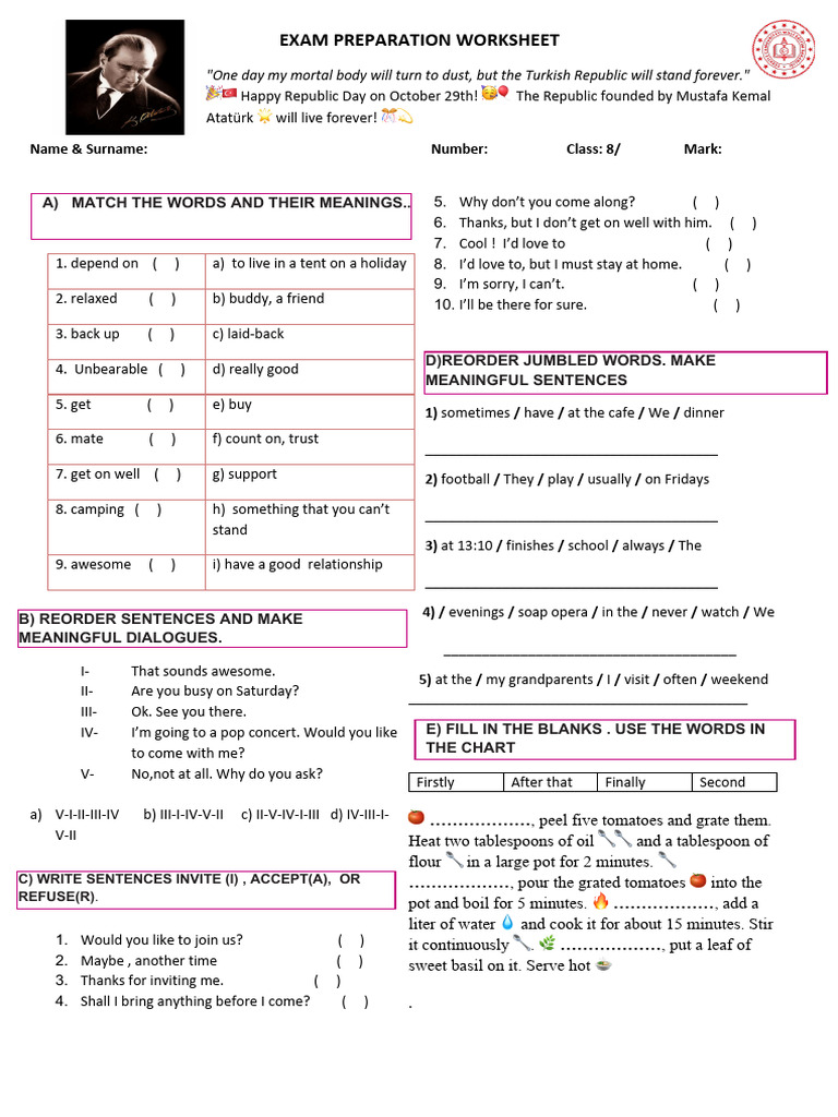 English Exam Practice Sheet 8th | PDF | Snow White | Spaghetti
