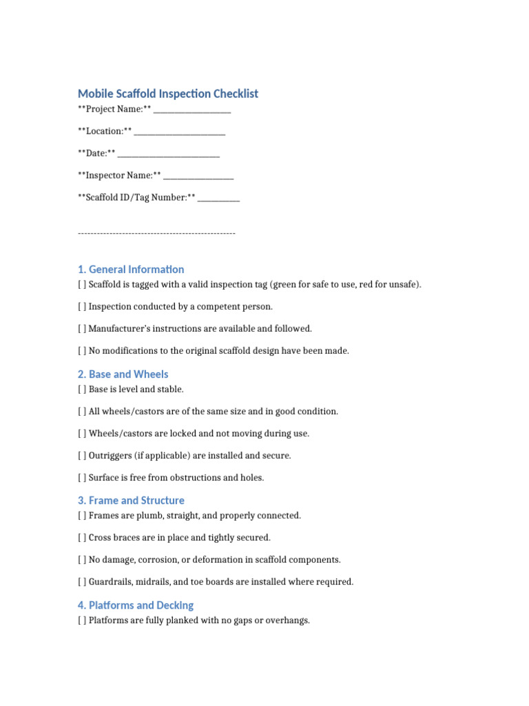 Mobile Scaffold Inspection Checklist | PDF
