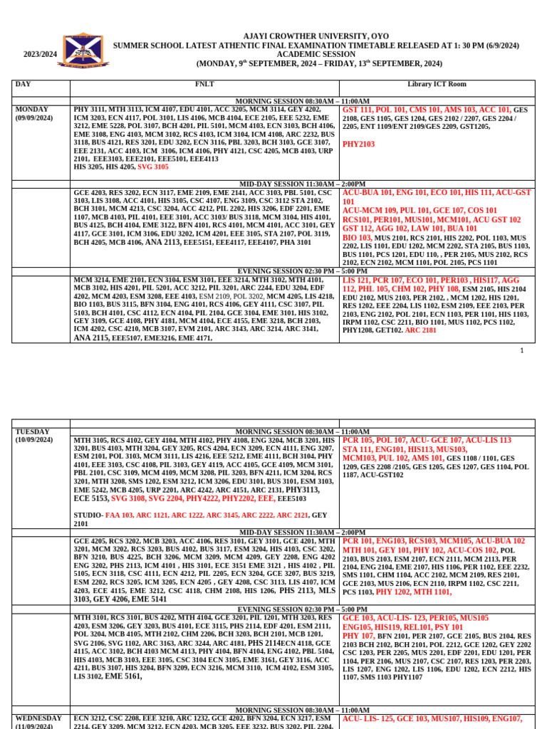 ACU Summer School Exam Timetable 2024 | PDF