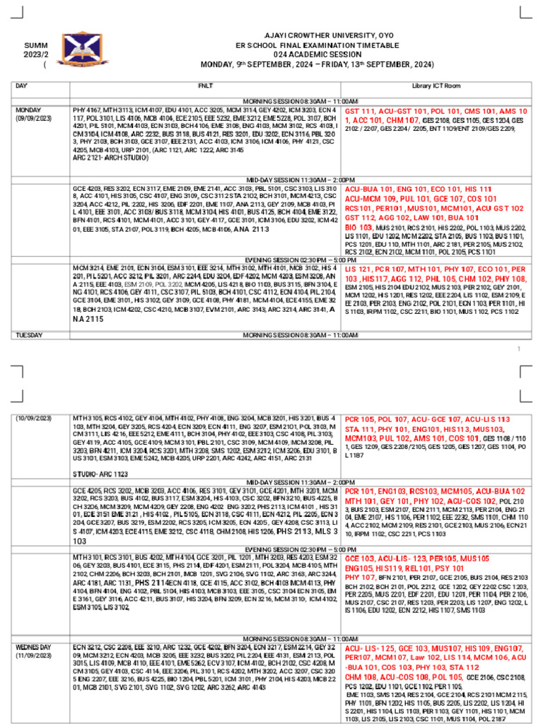 SUMMER SCHOOL EXAMINATION TIMETABLE 2024 - Phoenix | PDF