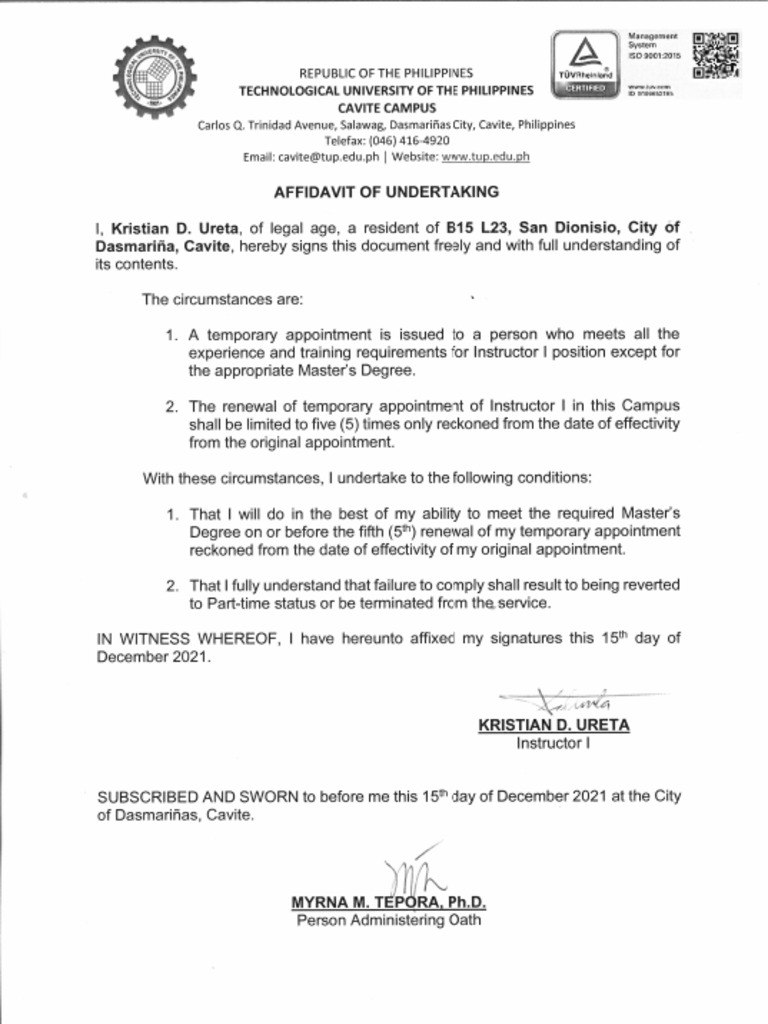 AFFIDVIT OF UNDERTAKING - Sample Only | PDF