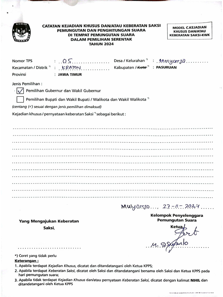 Tanda Terima & Kejadian Khusus TPS 5 Mulyorejo | PDF