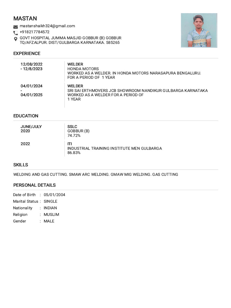 Welder Resume for Mastan Shaikh | PDF