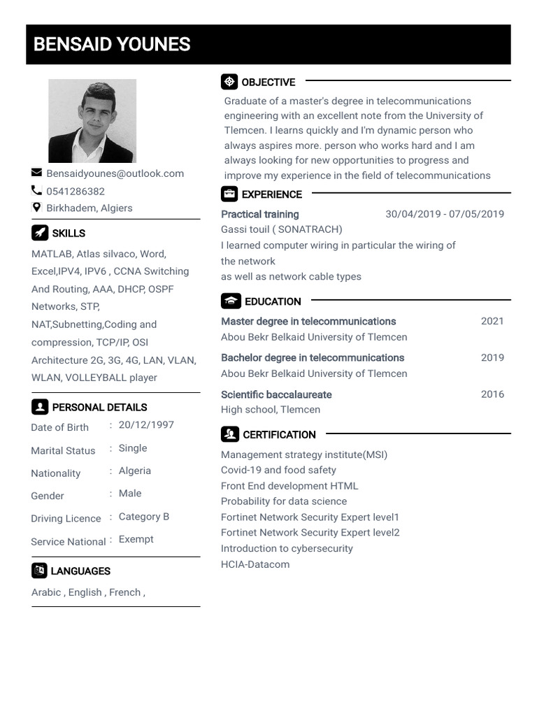 cv bensaid younes | PDF | Computer Network | Computer Science