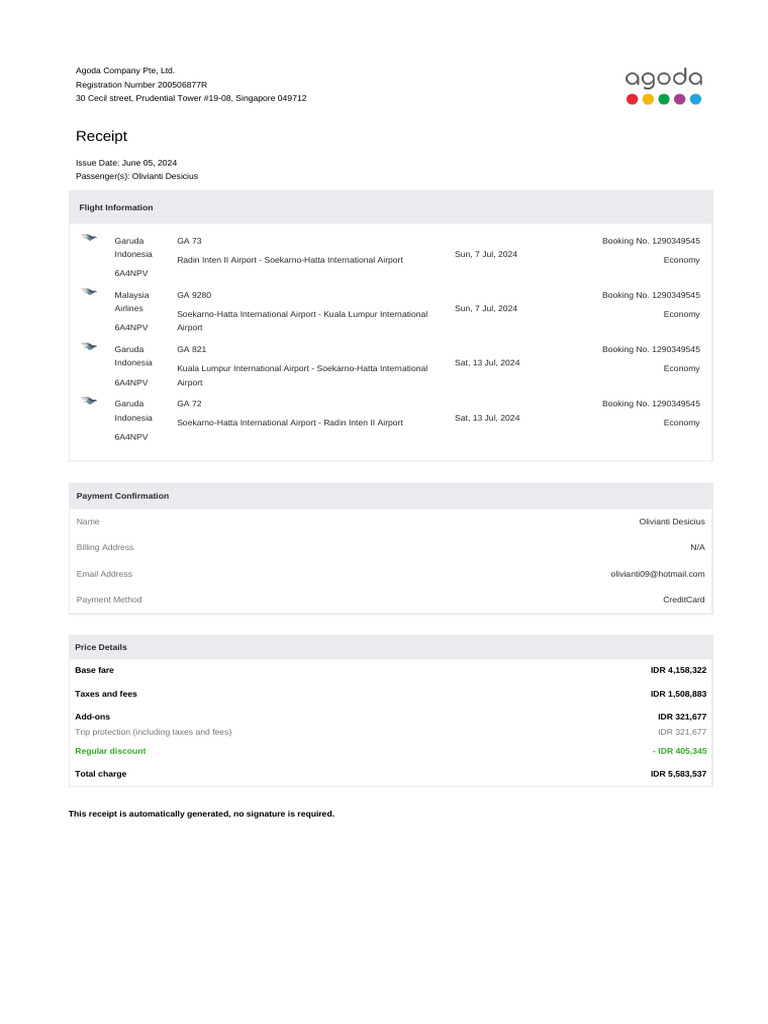Agoda Booking ID 1290349545 Receipt | PDF | Aviation | Airport
