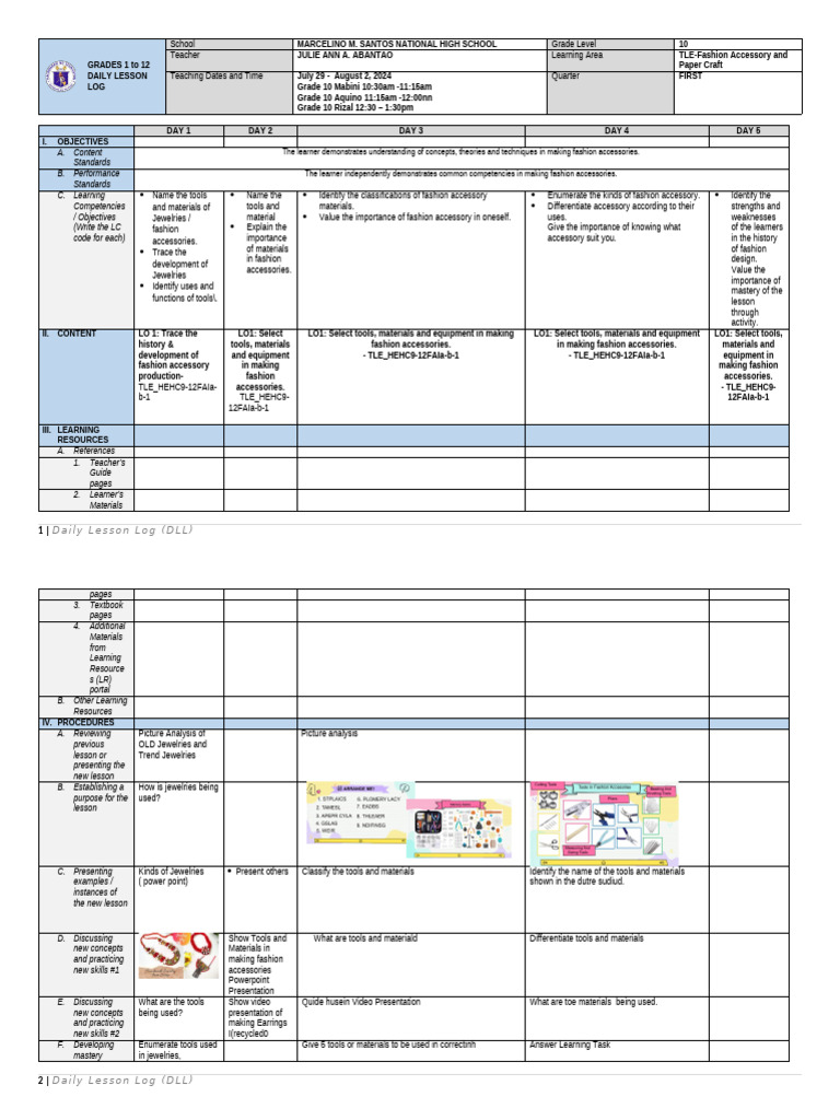 DAILY-LESSON-LOG-TLE10-Week 1 2024-2025 | PDF | Learning | Cognitive Science