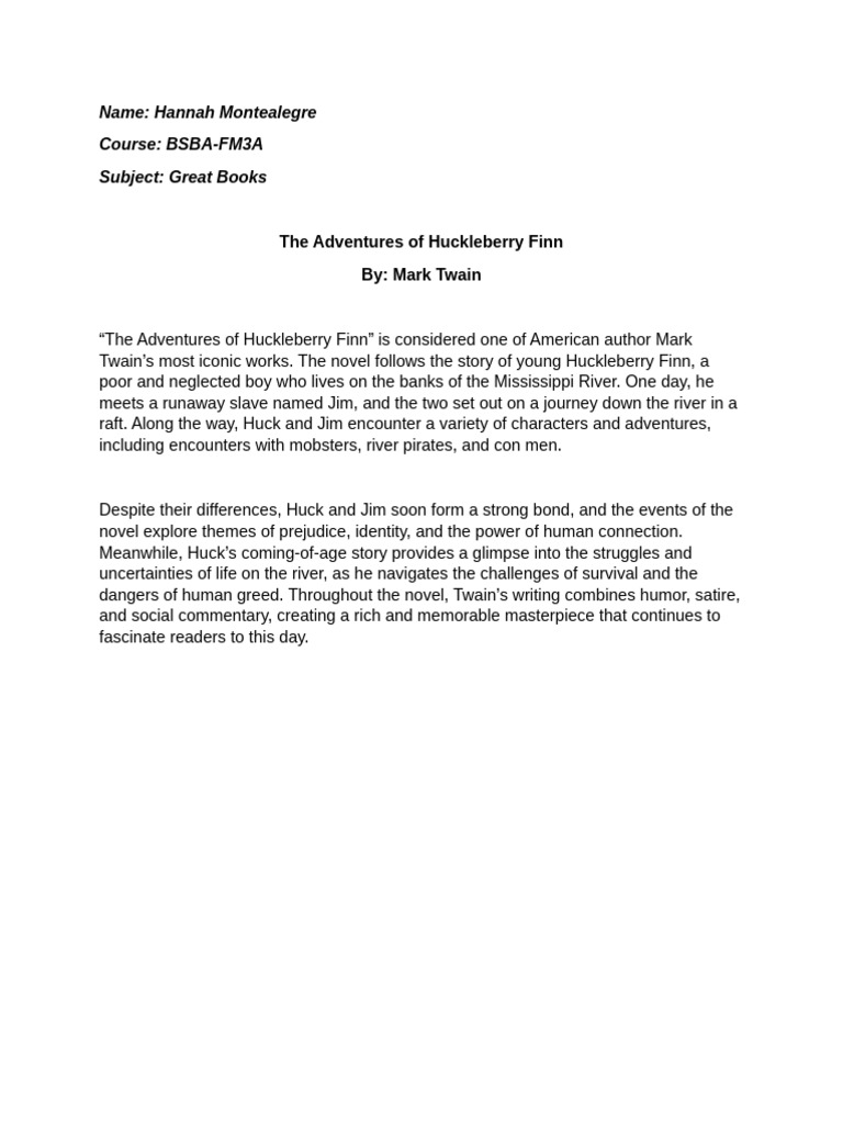 Summary - The Adventures of Huckleberry Finn | PDF