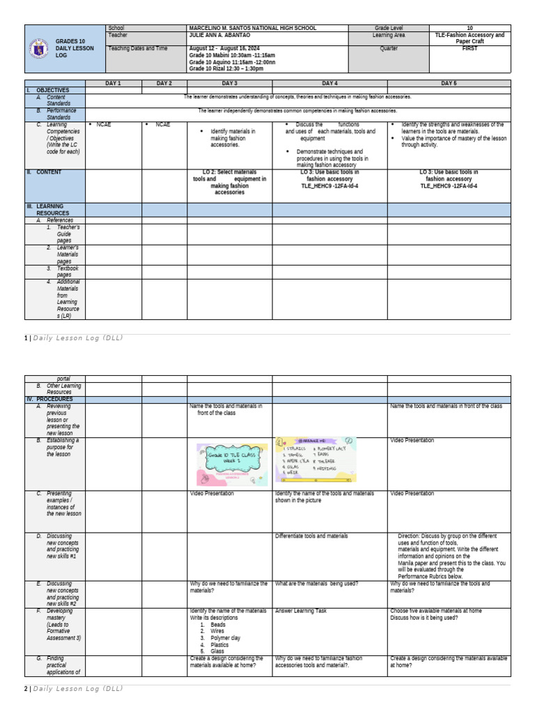 Grade 10 TLE Fashion Accessory Log | PDF | Learning | Cognitive Science