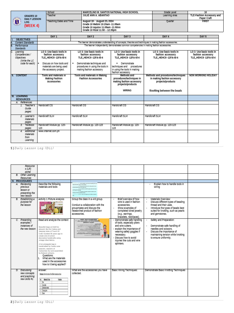 Grade 10 TLE Fashion Accessory Log | PDF | Learning | Cognition