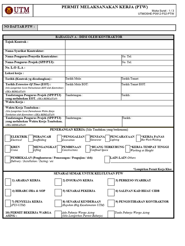 UTMOSHE-P0912-F02-PTW Borang Permit Melaksanakan Kerja (PTW) | PDF