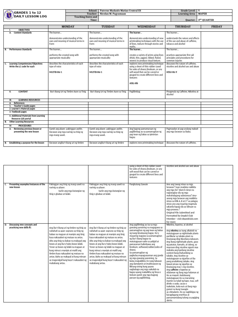 DLL - Mapeh 5 - Q3 - W5 | PDF
