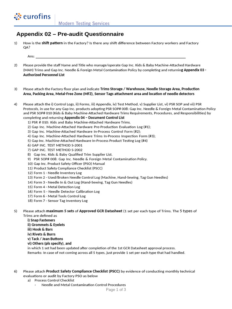 Gap Inc. Pre-Audit Questionnaire Guide | PDF | Metal Detector
