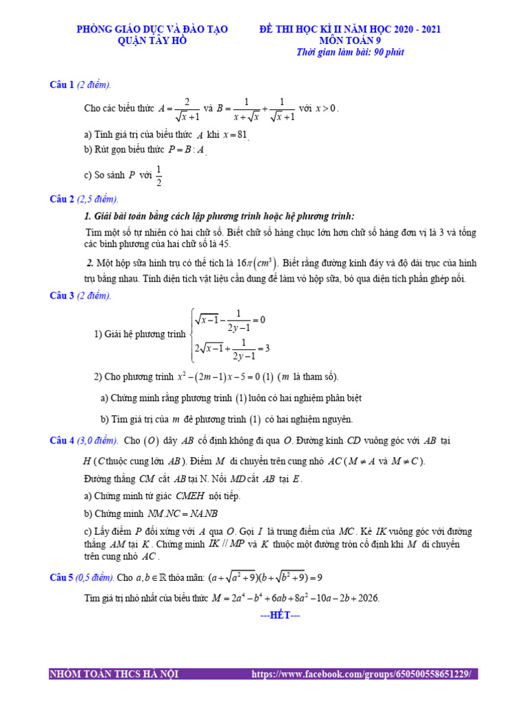 11.Đề Hk2 Lớp 9 Pgd Quận Tây Hồ - Gv Toán Hà Nội 2021. | PDF