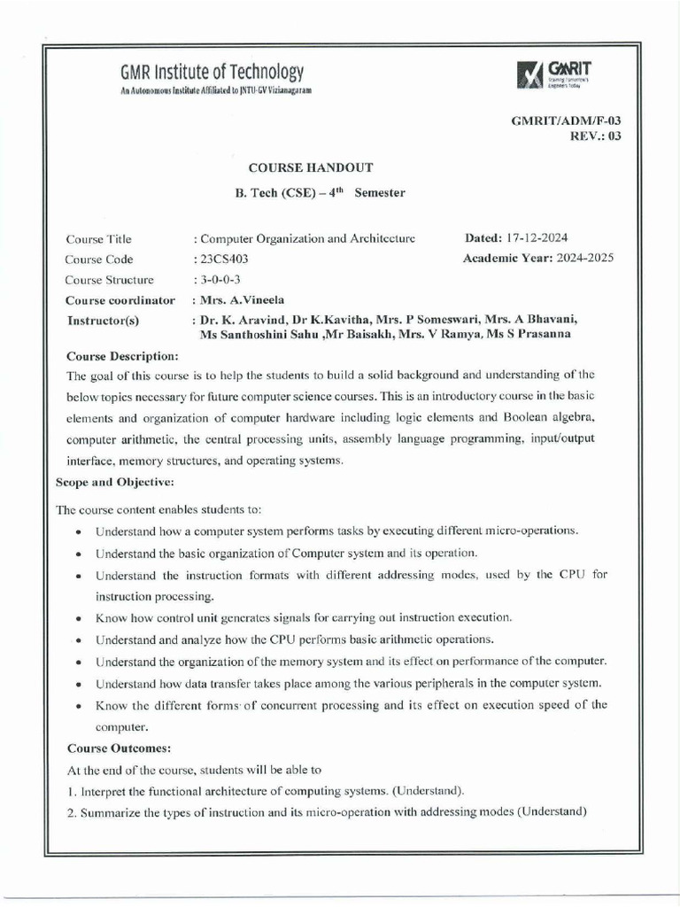 Handout BTech 2024-25 CSE 4th Sem CoA | PDF