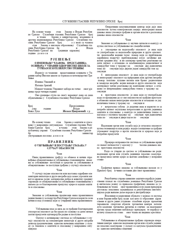 Republika Srpska Pravilnik o Uzbunjivanju I Postupanju Gradjana U Slucaju Opasnosti | PDF