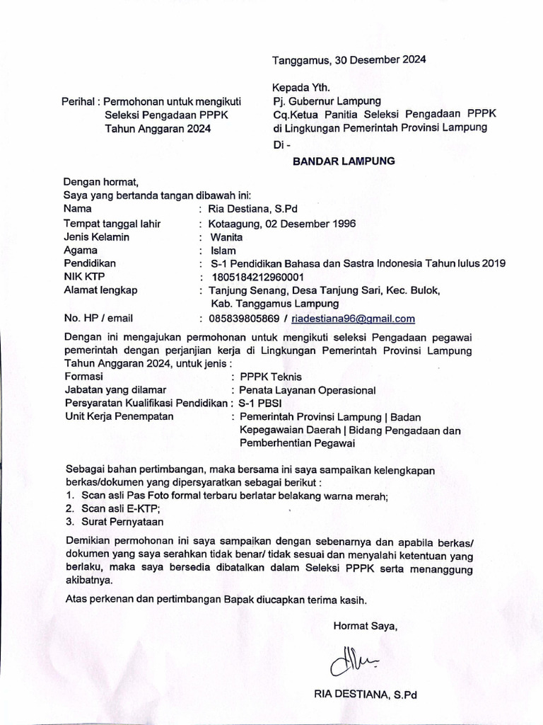 Surat Lamaran Ria | PDF