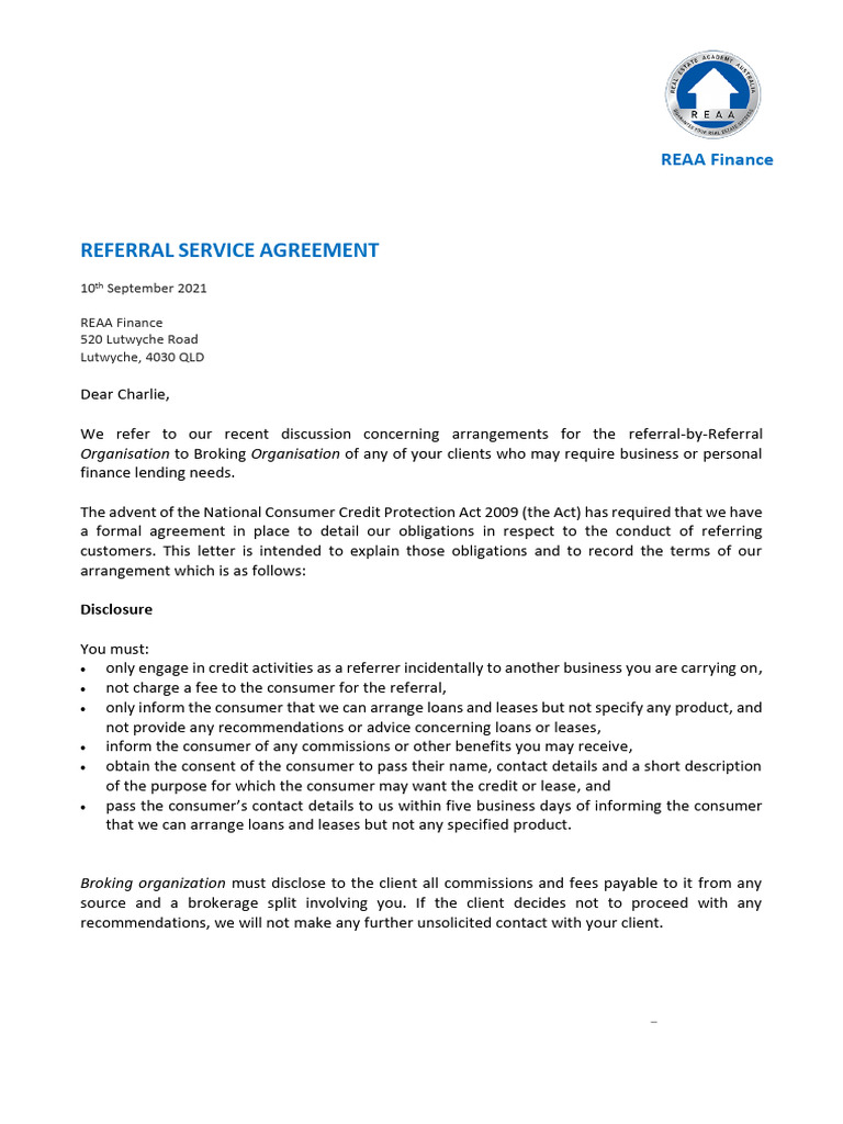 REAA - Referral Service Agreement | PDF | Loans | Lease
