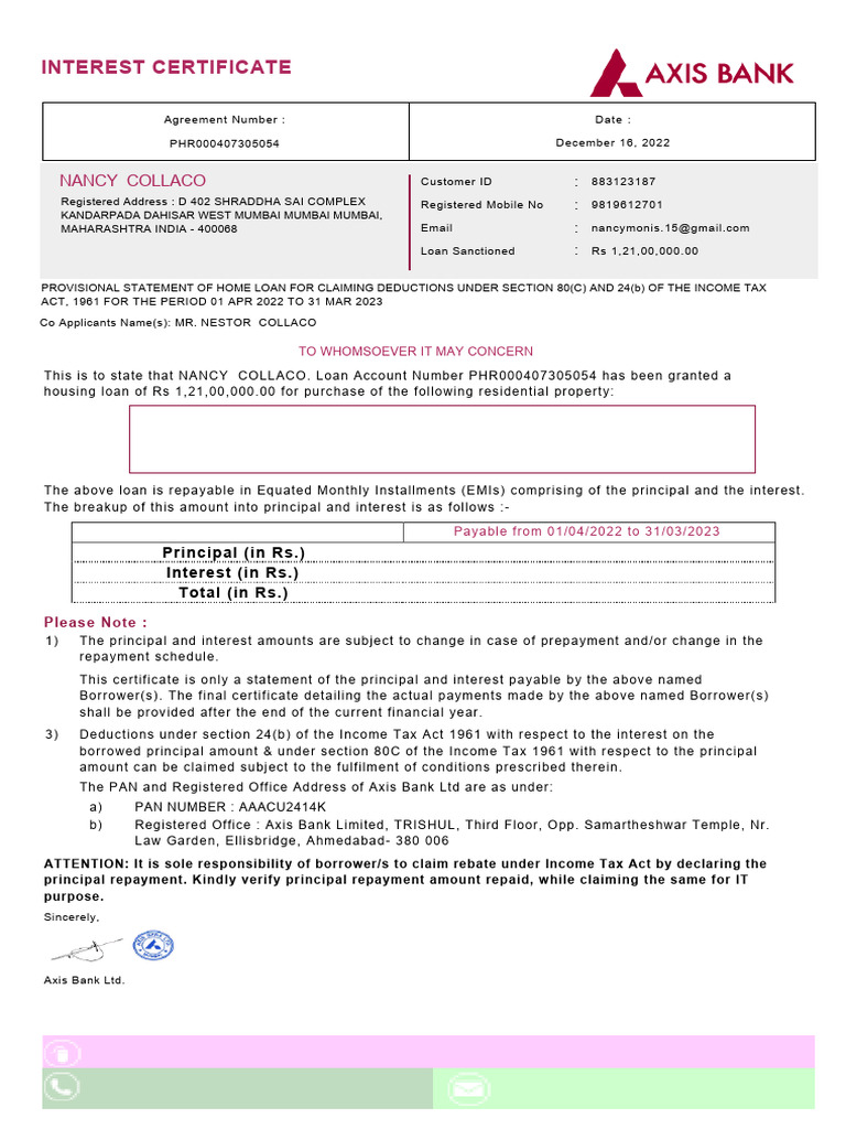 Housing Loan Interest Certificate - Principal | PDF | Loans | Interest
