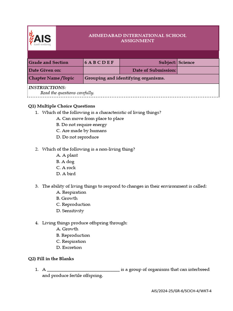 CLASS 6 IB CH 4 WS 1 | PDF | Mule | Biology