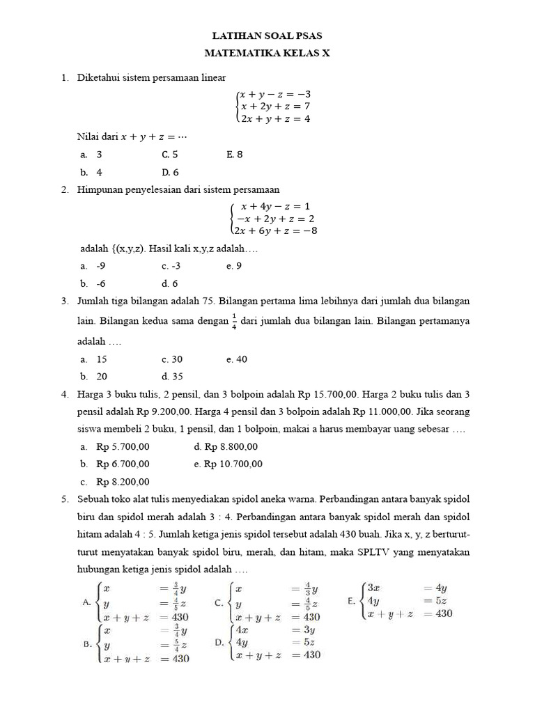 Latihan Soal Matematika PSAS Kelas X | PDF