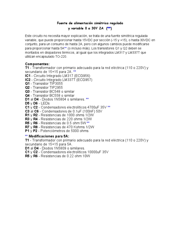 Fuente de Alimentación Simétrica Regulada | PDF | Resistencia Eléctrica ...