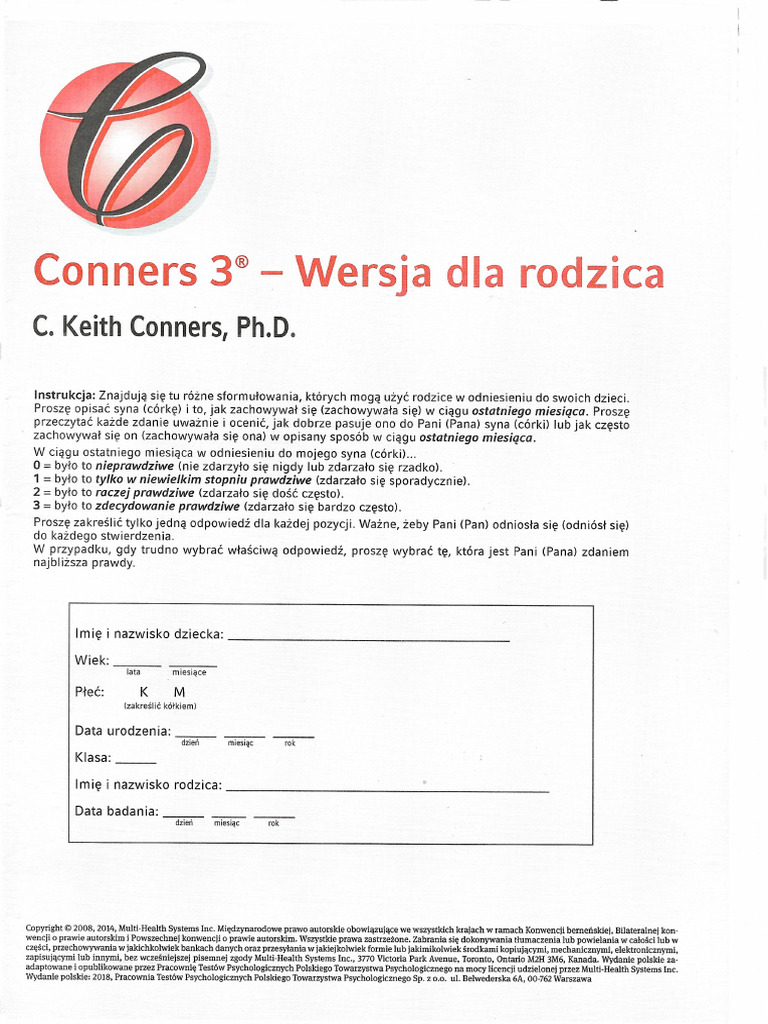 Conners 3 - Wersja Dla Rodzica | PDF