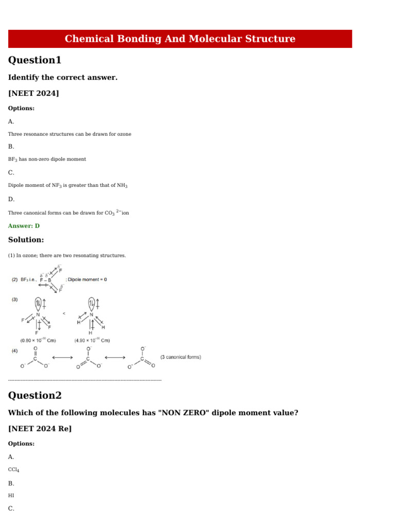 Chemical Bonding Neet Pyqs | PDF | Molecular Orbital | Chemical Polarity