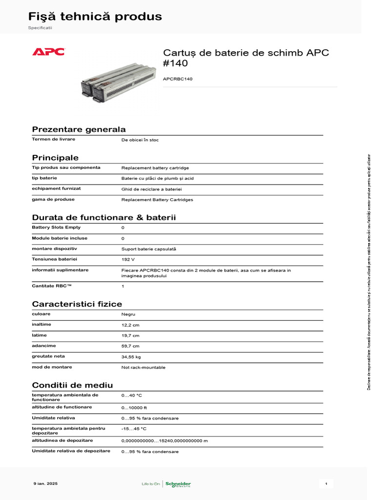 Schneider Electric - Cartuşe-De-Baterie-De-Schimb - APCRBC140 | PDF
