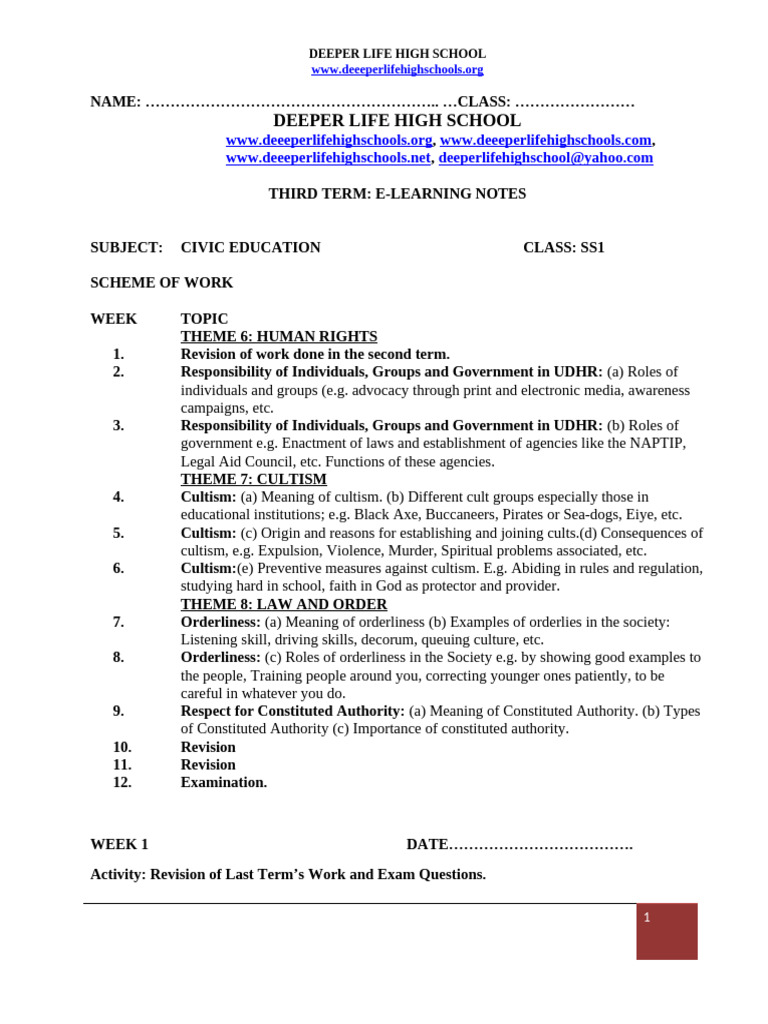 SS1 Civic Education Third Term Overview | PDF | Human Rights ...