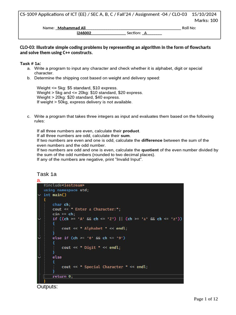 CS1009_ICT_Assignment-04_Mohammad Ali_24i-6002_A | PDF | Numbers | Computer Programming