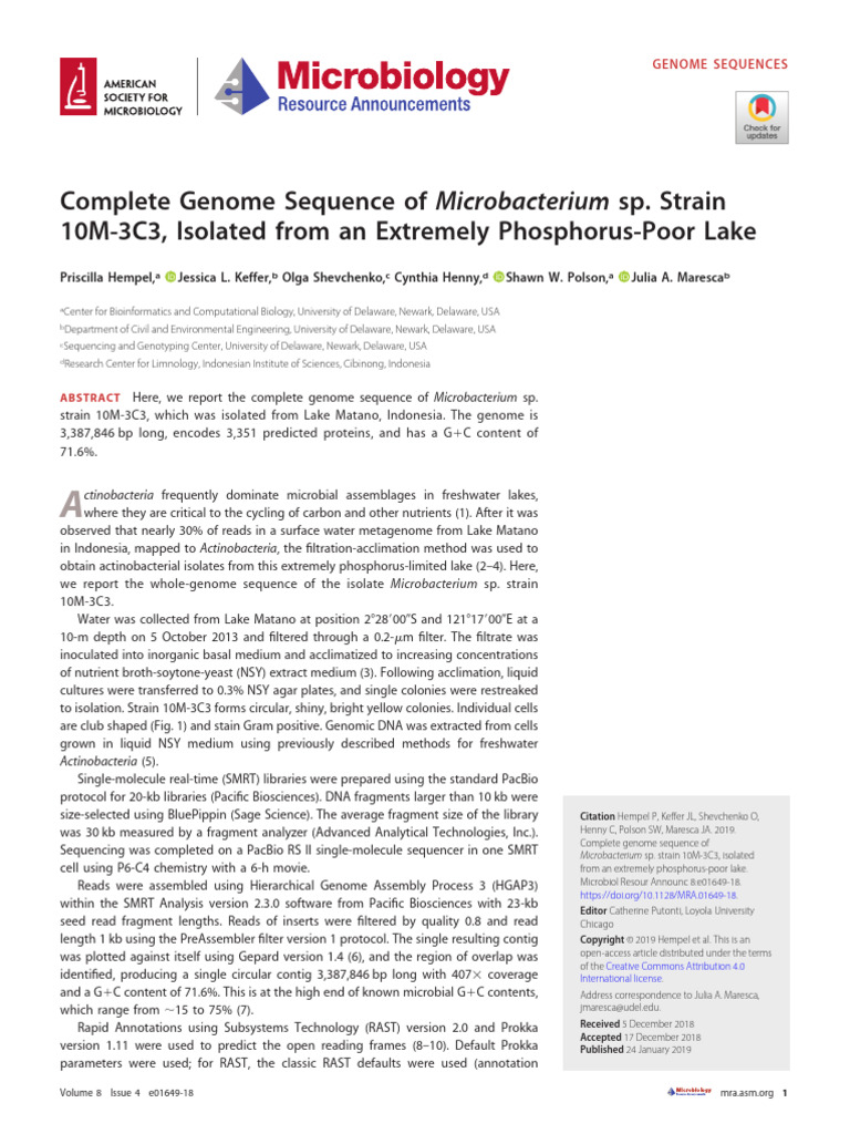Hempel Et Al 2019 Complete Genome Sequence of Microbacterium SP Strain ...