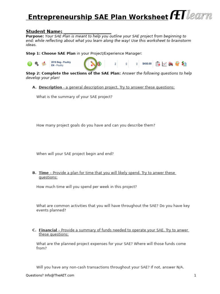 SAE Plan Worksheet Entrepreneurship VR 57058 | PDF