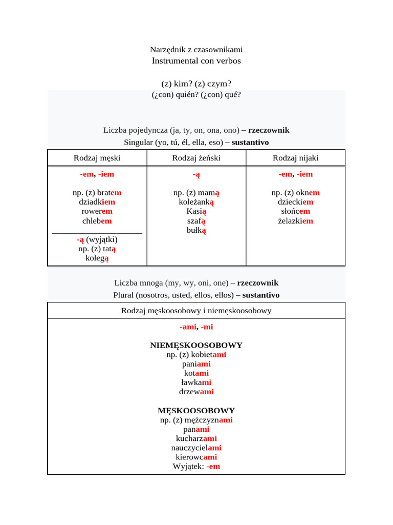 Narzędnik Z Czasownikami | PDF