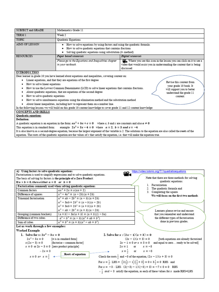 Grade 11 Quadratic Equations | PDF | Quadratic Equation | Factorization