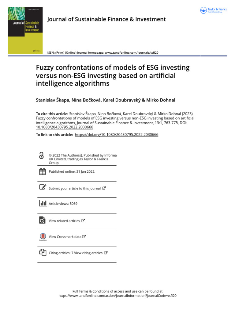 Fuzzy Confrontations of Models of ESG Investing Versus Non-ESG Investing Based On Artificial ...