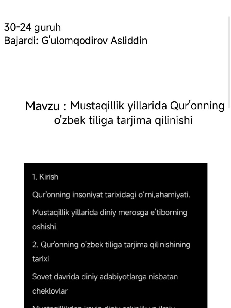 Mustaqillik Yillarida Quronning O'zbek Tiliga Tarjima Qilinishi | PDF