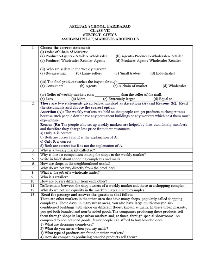 Class 7 Civics: Markets Around Us Assignment | PDF | Market (Economics ...