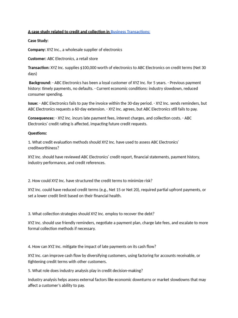 Case Study Credit and Collection in Business Transactions ...
