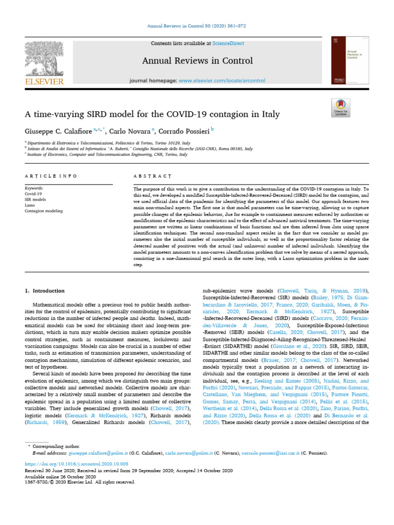 A Time-Varying SIRD Model For The COVID-19 Contagion in Italy | PDF ...